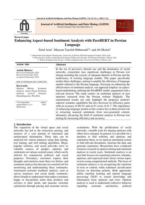 pdf enhancing aspect based sentiment analysis with parsbert in