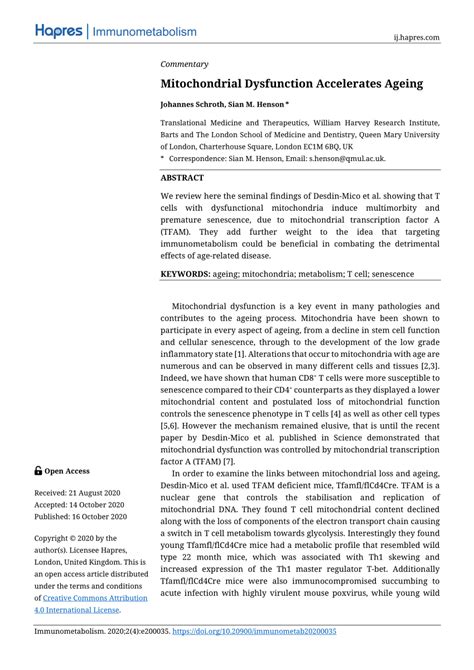 Pdf Mitochondrial Dysfunction Accelerates Ageing