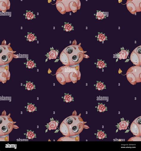 Seamless Patterns Little Cute Goby With A Red Rose Flower On A Dark