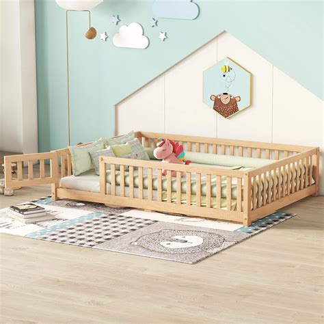 Bellemave Full Size Floor Bed With Door Fence Bed Slats Wood