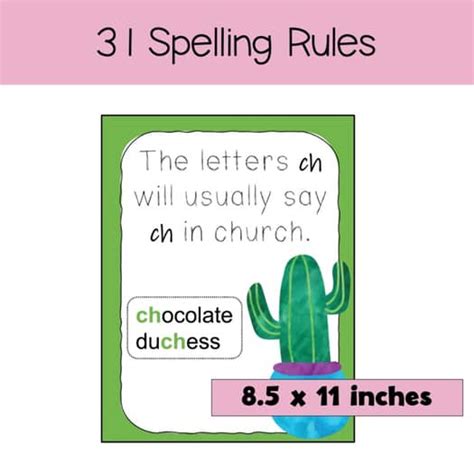 Spelling Rules Posters With Watercolor Cactus Theme 3rd 5th Grade