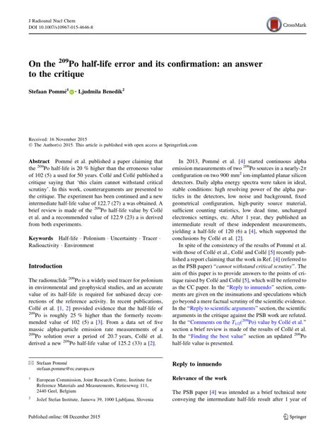 Pdf On The 209po Half Life Error And Its Confirmation An Answer To