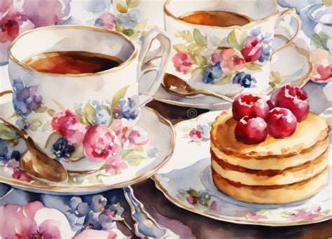Beautiful Abstract Tea Art With Small Cakes And Teacups Stock