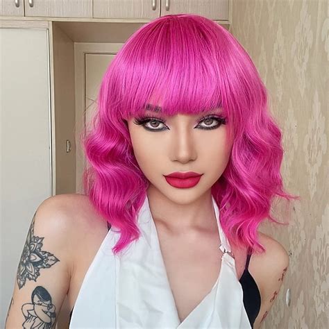 Hot Pink Wig With Bangs Short Bob Wavy Curly Wig Shoulder Length Hot