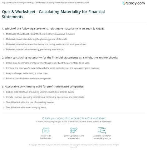 Quiz And Worksheet Calculating Materiality For Financial Statements