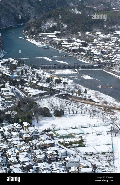 An Aerial Photo Shows Arashiyama Covered In Snow In Kyoto City Kyoto