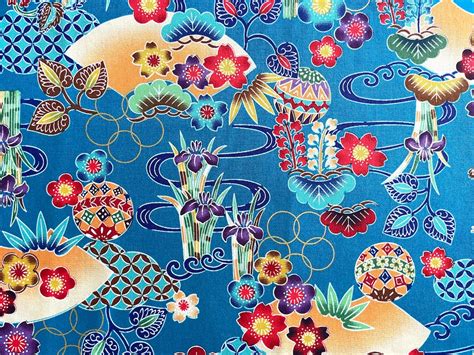 Okinawa Bingata Fabric Blue Gold Half Yard Cotton 100 Made In