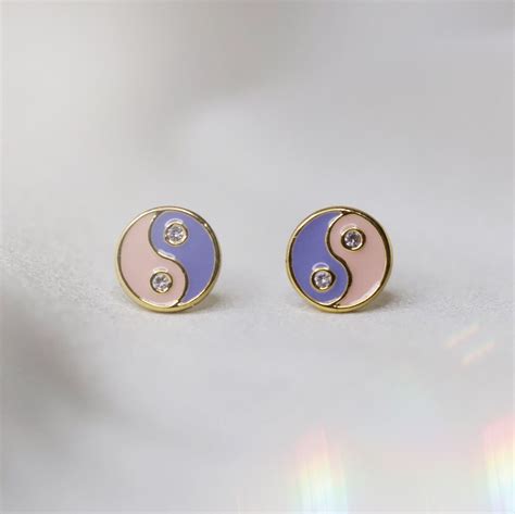 Yin Yang Earrings Pink And Periwinkle Blue Enamel And Gold Y2k