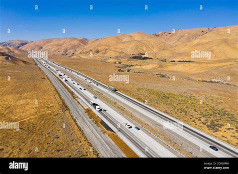 Aerial View Of Interstate 5 Passing The Golden Hills At Tejon Pass In
