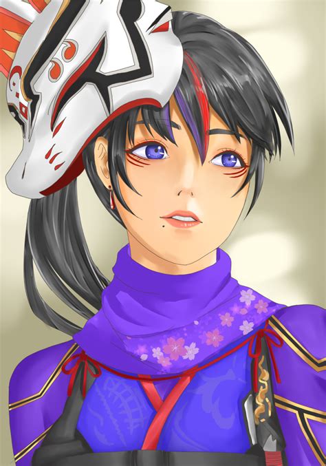 Safebooru Black Hair Blue Eyes Colored Tips Facial Markings Fox Mask