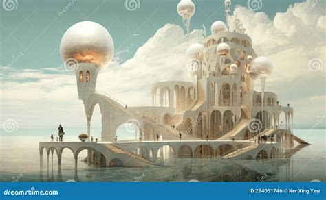 Surreal Temple With Floating And Levitation Staircase Stock