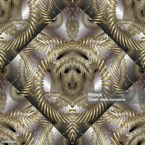 복잡 한 추상적인 골드 3d 벡터 완벽 한 패턴 현대 장식 기하학적 프랙탈 배경입니다 방사형 줄무늬 라인 프랙탈 도형 곡선 원 질감된 디자인입니다 럭셔리 장식 디자인에 대