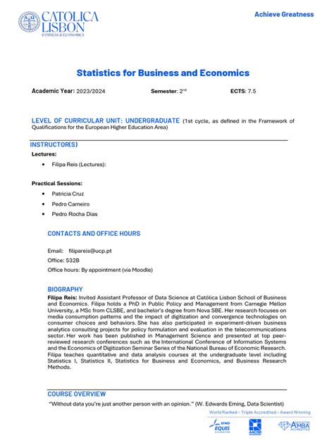 Statistics For Business 2023 2024 Syllabus Pdf Statistics