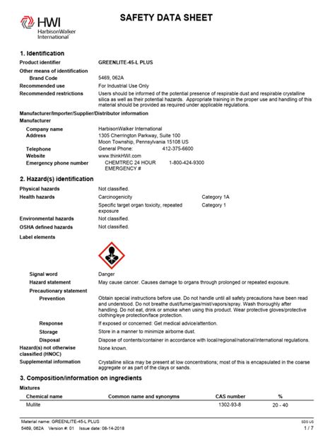 5469 Greenlite 45 L Plus Usa Pdf Silicon Dioxide Dangerous Goods