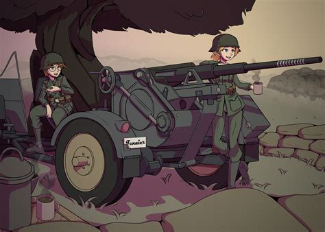 Fenuier Original Highres 2girls Artillery Bandolier Belt Blonde Hair Blue Eyes Cup