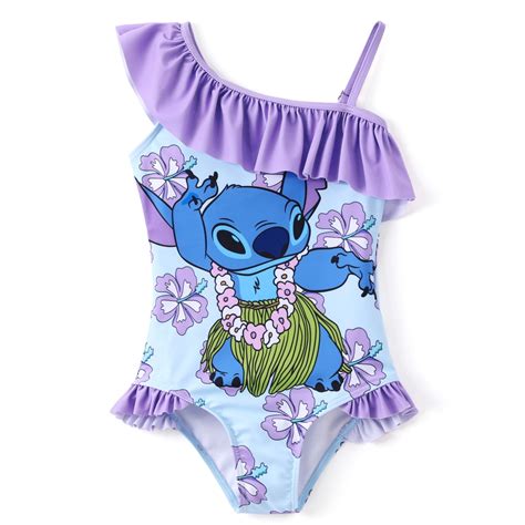 Disney Stitch Girls Swimsuit Graphic One Piece Ruffled One Shoulder