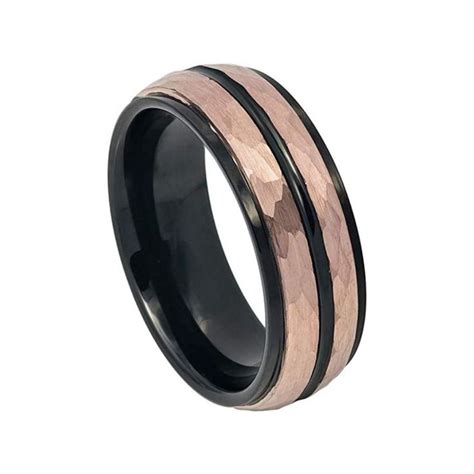 8mm Tungsten Carbide Two Tone Black Ip Inside Rose Gold Ip Hammered
