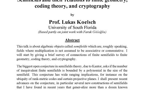 Department Of Mathematics Seminar On Pure Mathematics Semifields And Their Relations To