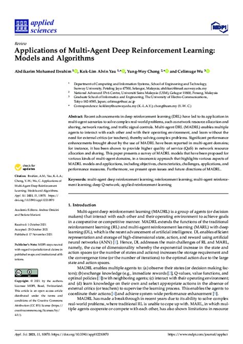 Pdf Applications Of Multi Agent Deep Reinforcement Learning Models And Algorithms