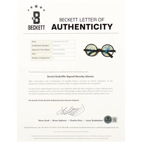 Daniel Radcliffe Signed Harry Potter Replica Glasses Beckett