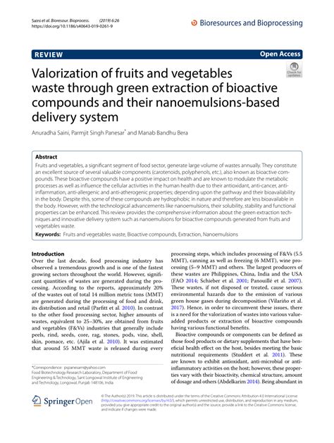 PDF Valorization Of Fruits And Vegetables Waste Through Green Extraction Of Bioactive