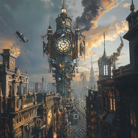A Steampunk Clock Tower Approaching Over A Clamoring Commercial Center