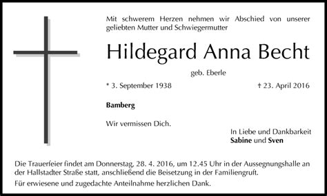Hildegard Anna Becht Traueranzeige Frankende