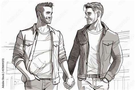 Sketch Of Happy Smiling Gay Couple Holding Hands Pride And Proud Lgbt