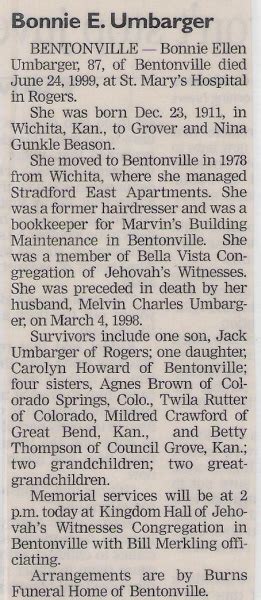 Bonnie Ellen Beason Umbarger 1911 1999 Find A Grave Memorial