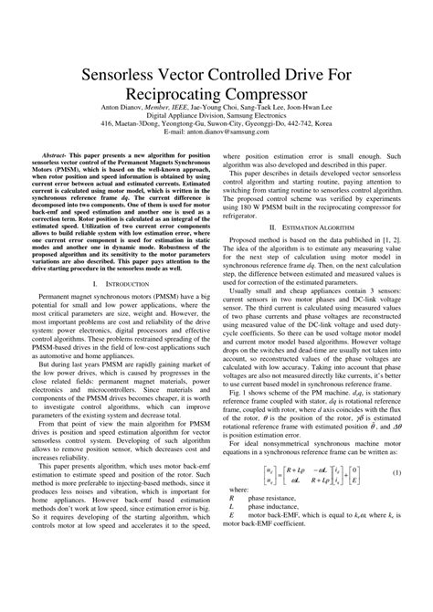 Pdf Sensorless Vector Controlled Drive For Reciprocating Compressor