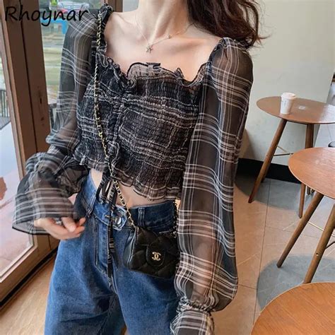 여성용 체크 무늬 스퀘어 칼라 블라우스 통기성 크롭 디자인 휴일 패션 레저 우아한 올매치 인기 부드러운 신상블라우스