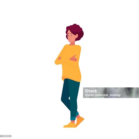 화가 나거나 화난 여성 캐릭터는 가슴에 교차 손을 대고 서서 강렬한 좌절과 분노를 표현합니다 개념에 대한 스톡 벡터 아트 및 기타 이미지 Istock