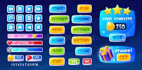 Space Game Ui Menu Interface Cartoon Buttons Loading Bars Boards