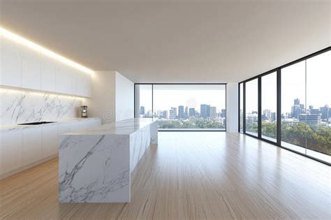 Empty Kitchen Interior With Large Windows And City View In 3d Stock