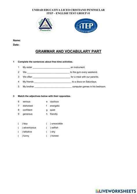 Itep English Test Group 1 Worksheet Live Worksheets