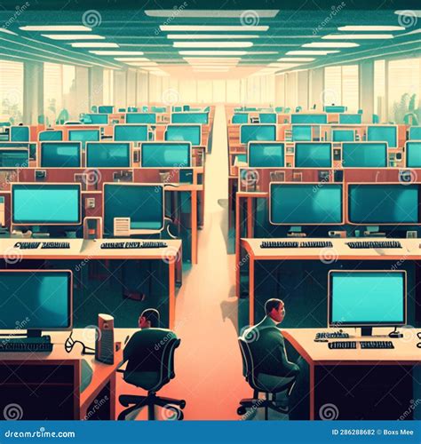 Computer Room With Rows Of Computer Monitors 3d Rendering 3d Illustration Ai Generated Stock