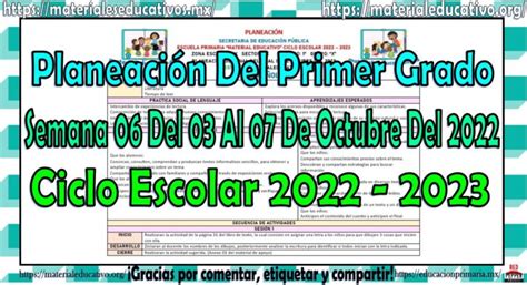 Planeación Del Primer Grado De Primaria De La Semana 06 Del 03 Al 07 De