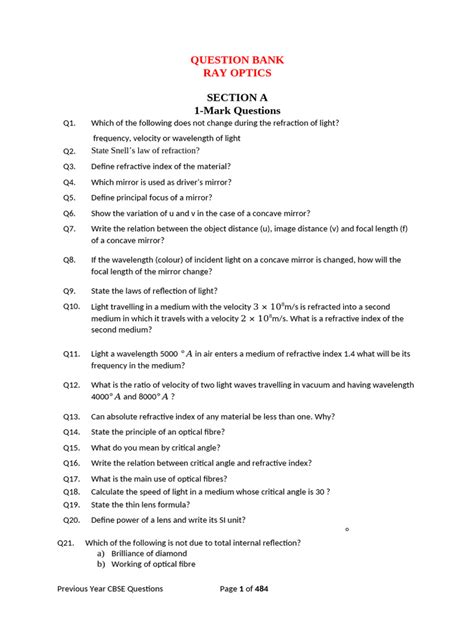 question bank pdf refractive index refraction
