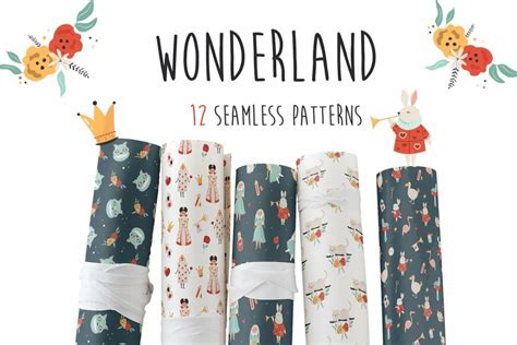 Alice In Wonderland Set Of Seamless Patterns Masterbundles