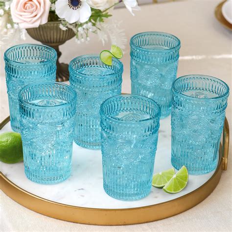 Vintage Textured Aqua Blue Striped Drinking Glasses Set Of 6 13 Oz Ribbed Glassware