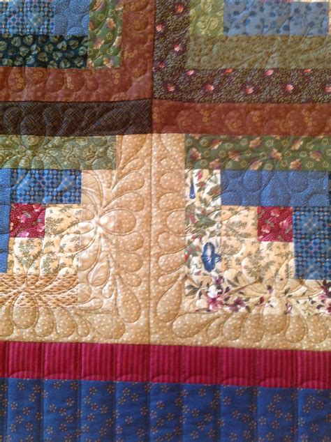 Log Cabin Lap Quilt With Feather Blocks And Log Borders Colorful