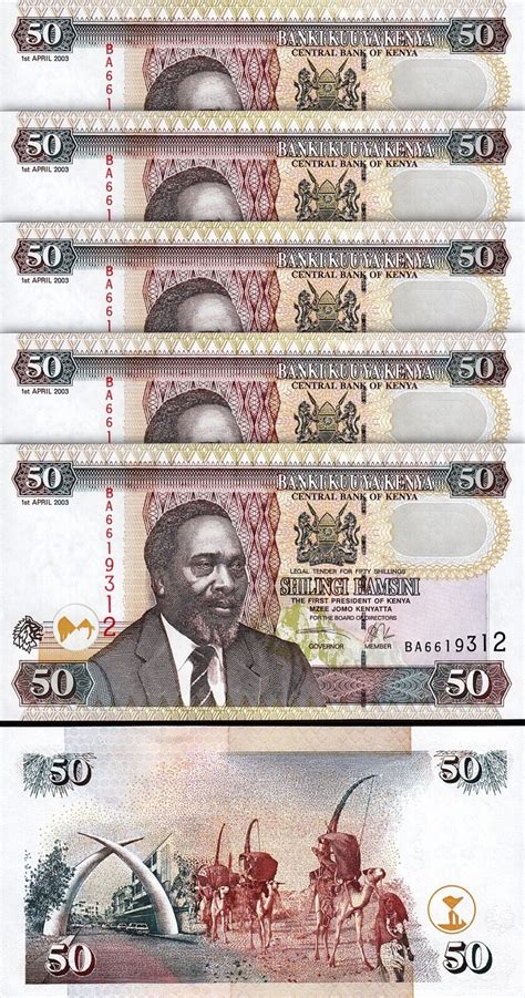 Kenya 50 Shillings 2003 Unc 5 Pcs Lot Consecutive P 41a Fortumor