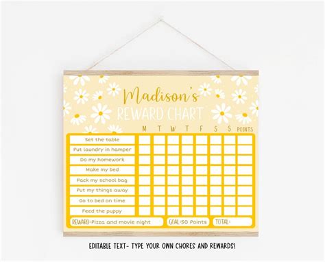 Editable Daisy Reward Chart Yellow Daisy Behavior Chart Girl Etsy