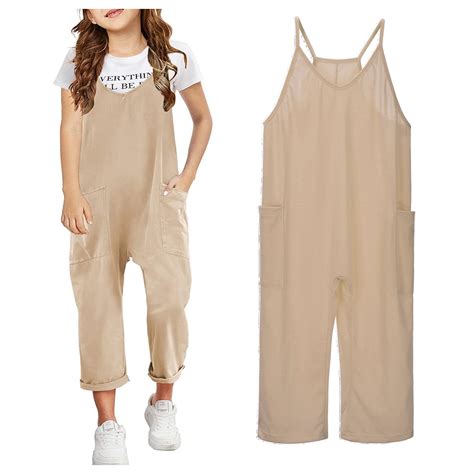 Girls Jumpsuits Rompers Spaghetti Strap Overalls With Side Pockets V