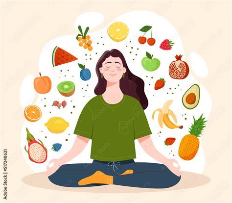Mindful Eating Concept Young Woman Surrounded By Tasty And Healthy