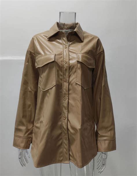 Jaket Lengan Pendek Kasual Wanita Dengan Kancing Saku Dada Jaket Kulit Pu Buatan Blus Kulit