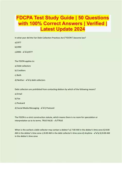 Fdcpa Test Study Guide 50 Questions With 100 Correct Answers