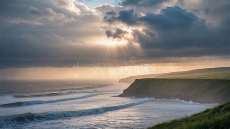 Sunlight Diffused Through Rainclouds Over Grassy Bluff Above Wide