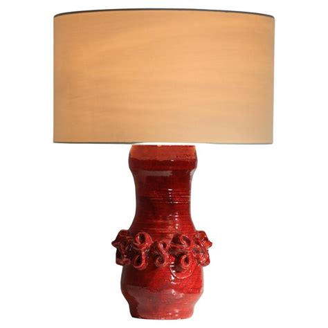 Large Round French Ceramic Table Lamp In In Rose Red Glaze For Sale At