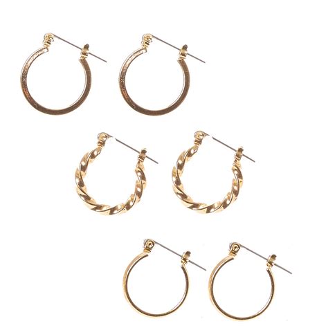 Claires Gold Tone Small Hoop Earrings Set 3 Pairs Lightweight And